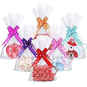 HESTYA 50 Counts Clear Flat Cello Treat Bags Cellophane Block Bottom Storage Bags Sweet Party Gift Home Bags with 60 Pieces Colorful Bag Ties (15 x 25 cm/ 5.9 x 9.8 Inch)
