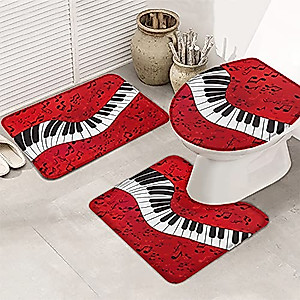 3 Piece Bathroom Rugs Sets Piano Key Music Notes Art Non-Slip Toilet Lid Cover for Bathroom Red White Absorbent Contour Mat with Rubber Backing Floor Mats for Shower Large