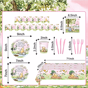 122PCS Classic Bear Baby Shower Party Supplies for Baby Girls Kids1st First Birthday Pink Neutral Winnie Bear Themed Disposable Tableware Set Plates Napkins Cups Tablecloths Banners for 20 Guests