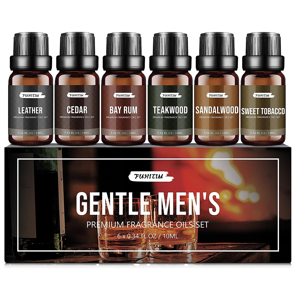 FUHITIM Fragrance Oil Gentlemen's Set, Scented Oil for Candle Scents for Candle Making, Soap Making Scents, Diffuser Oils Scents | Leather, Sweet Tobacco, Teakwood, Bay Rum, Cedar, Sandalwood (6*10ML)