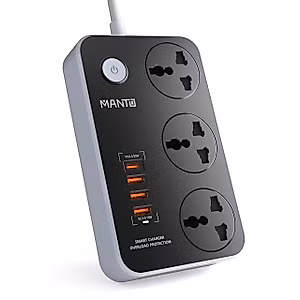 MANTO Power Strip with USB Ports, 3 Widely Spaced AC Outlets and 4 USB (3 QC 3.0 + 1 PD 3.0) Mountable Charging Station with 6.6ft Extension Cord, 2500W/10A Flat Plug for Home Office Dorm, Black