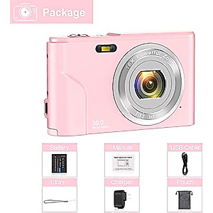 Digital Camera, AOREGRE FHD 1080P 36.0 MP Vlogging Camera with 16X Digital Zoom, 2.4 Inch LCD Screen, Compact Mini Small Camera Gift for Teens, Kids, Students (Pink)