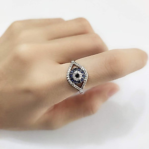 Blue Turkish Evil Eye Cubic Zirconia Rings for Women Statement Band Stacking Finger Middle Tail Elegant Sparkly Dainty Fashion Protection Jewelry Mother Daughter Friendship Birthday Size 5 (10)