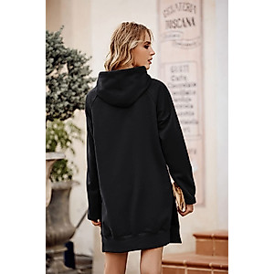 PRETTYGARDEN Women's Casual Pullover Sweatshirt Long Sleeve Split Hem Hoodie Dress with Kangaroo Pocket (Black,X-Large)