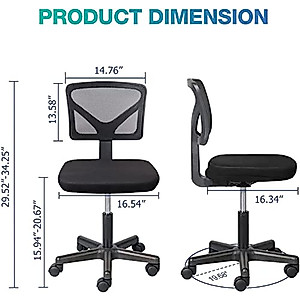 Ergonomic Home Office Desk Chair, Adjustable Armless Computer Chair with Lumbar Support, Small Mesh Task Chair with Backrest Swivel Rolling for Study, Office, Conference Room