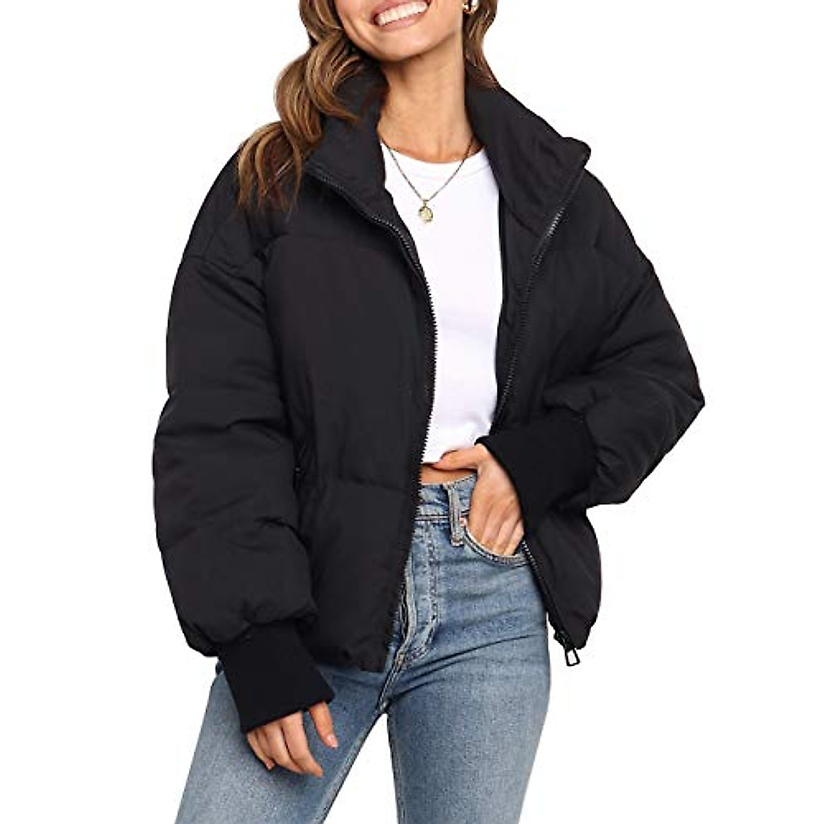 MEROKEETY Women's 2024 Winter Long Sleeve Zip Puffer Jacket Pockets Baggy Short Down Coats, Black, S