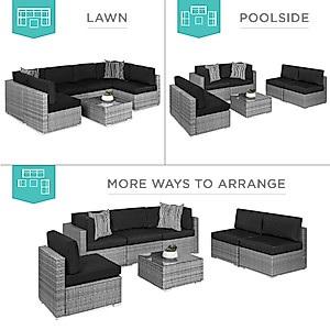 Best Choice Products 7-Piece Modular Outdoor Sectional Wicker Patio Conversation Set w/ 2 Pillows, Coffee Table, Cover Included - Gray/Black
