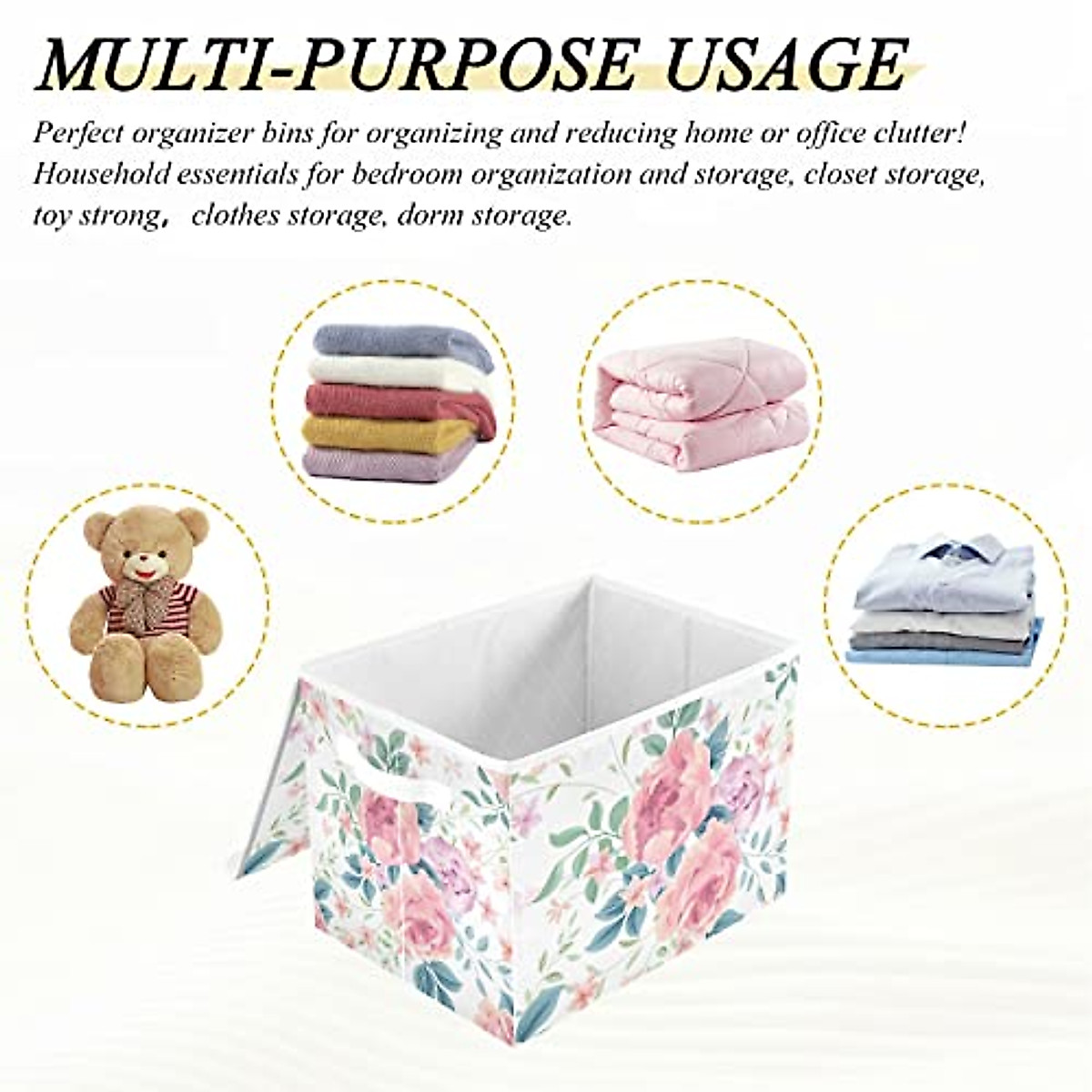 Kigai Storage Basket Pink Rose Flower Floral Storage Boxes with Lids and Handle, Large Storage Cube Bin Collapsible for Shelves Closet Bedroom Living Room, 16.5x12.6x11.8 In