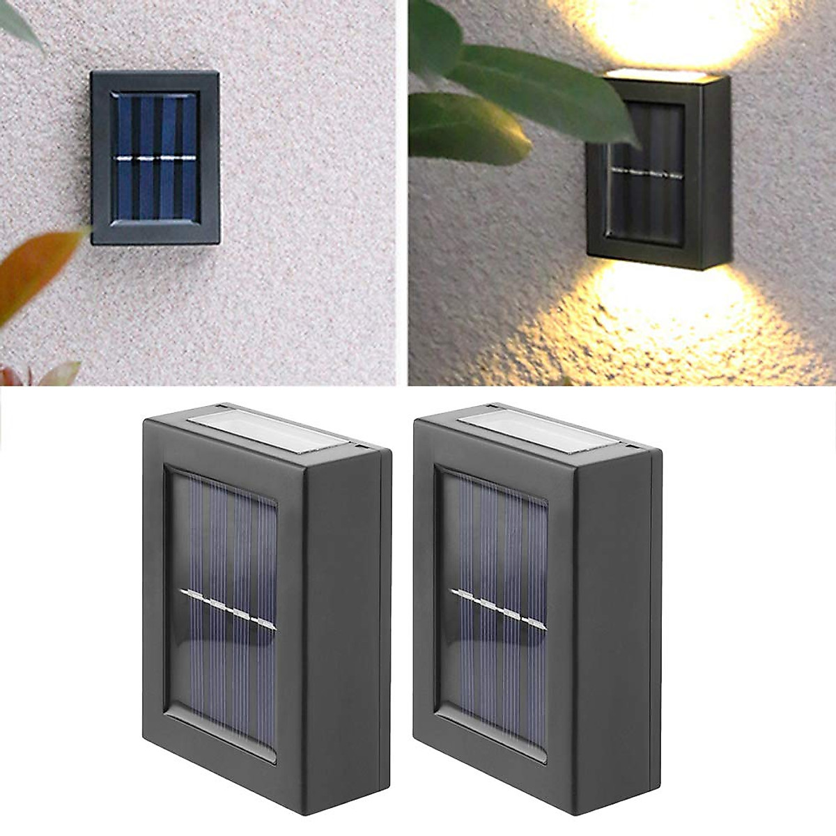 BWWNBY 2 LED Solar Wall Light UP and Down Illuminate Outdoor Sunlight Sensor Lamp Modern Nordic Style Decor for Home Garden Porch(Warm Light)
