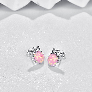 Cat Earrings for Women 925 Sterling Silver Cute Kitty Earrings Hypoallergenic Stud Earrings for Sensitive Ears Opal Small Studs Earrings Cute Kitten Jewelry for Women Daughter Birthday