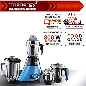 Usha Trienergy+ 800 Watt Powerful 100% Copper Motor 4 Jar Mixer Grinder with Unique QuadriFlow Square Blender Jar for Faster Grinding and Smooth Blending || 5 Years Warranty on Motor (Blue)