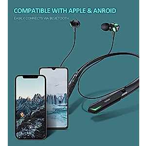 TNTOR Neckband Bluetooth Headphones with Microphone, Wireless Headphones Bluetooth 5.0 with Bright Green LED Ambient Light, Ultra Low Latency, Sweatproof for Gaming Running Sport