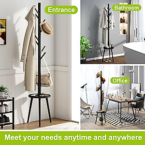 BMOSU Coat Rack freestanding Stand with Shelf Bamboo Wooden Coat Tree Easy Assembly 8 Hooks Standing Jackets Hanger Hallway Office Floor Coat Stand Black