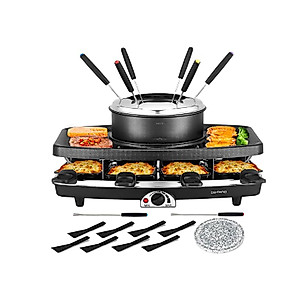 Befano 6-Cup Electric Cheese Fondue Pot, Combo with Raclette Machine for 8 People and Indoor Grill, Simple Adjustable Thermostats, Perfect for Parties and Family Fun