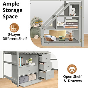 TURRIDU Low Loft Bed with Pullable Storage Staircase and 2 Cabinet, Wooden Stairway Loft Bed with Drawers and Shelves, Twin Size Bed Frame for Girls, Boys, Teens, No Box Spring Needed