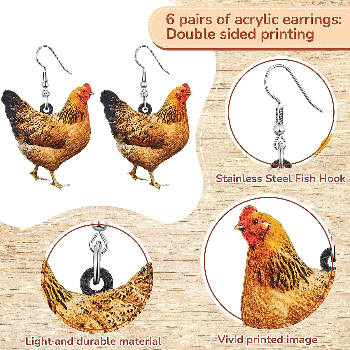 6 Pairs Acrylic Hen Chicken Earrings Animal Rooster Drop Dangle Earrings Cute Farm Chicken Jewelry for Women Ladies Gift