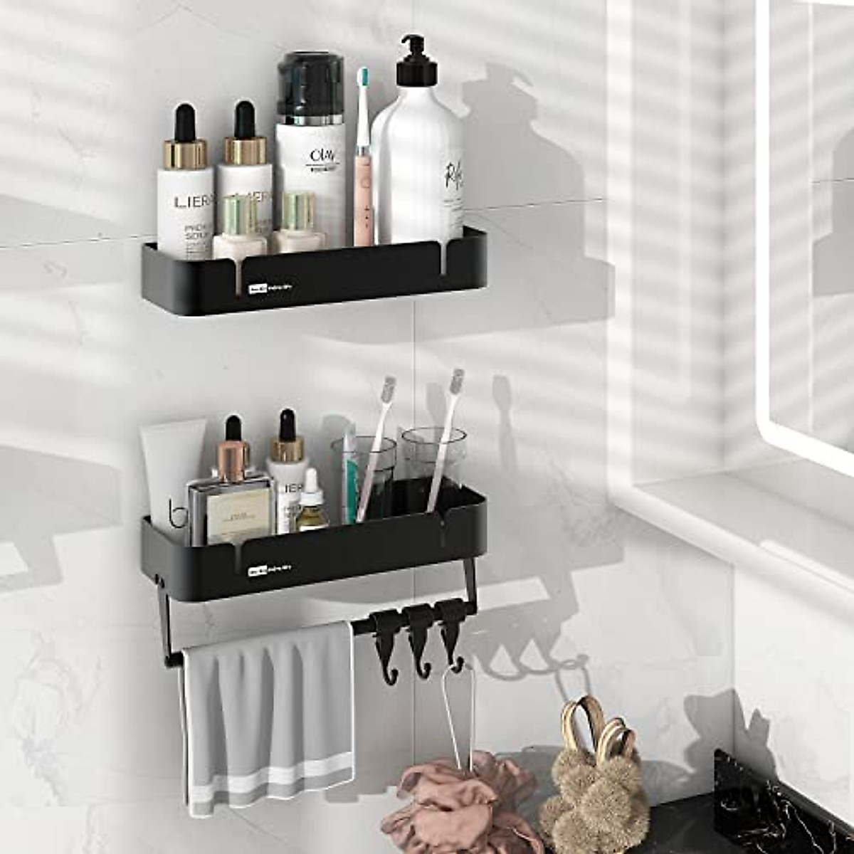 RCHYFEED 11.7”Shower Caddy with Towel Bar, Shower Organizer Adhesive,Metal Rustproof Bathroom Shower Shelf Rack with Hook, Drilling-Free Self Adhesive Storage Shelf for Bathroom & Kitchen(Black)