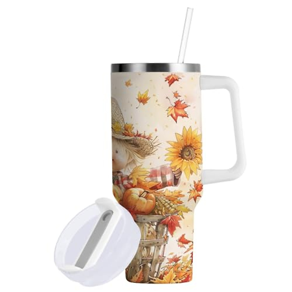 ODAWA Cute Scarecrow Autumn Maple Leaves Iced Coffee Tumbler Reusable Insulated Cup with Straw Water Cup