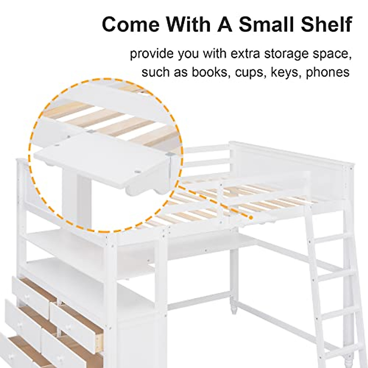 Merax Multi-Functional Full Loft Bed with Built-in Desk/6 Storage Drawers/Shelf, Full Size Wooden Loft Bed with Ladder and Guardrails, No Box Spring Required Wood Bed Frame, White
