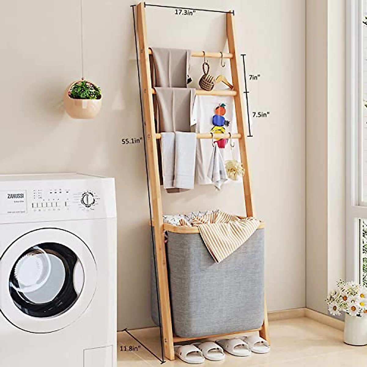 Blanket Ladder with Basket, 17.3”L x 55.1”H, Bamboo Towel Rack with Storage Hamper Basket, Blanket Holder Rack, Wall Leaning Decorative Ladder Shelf, Drying Display Rack for Bathroom Living Room Home