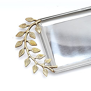 21" Long Decorative Golden Vine Oval Centerpiece Silver Serving Tray with Accents by Gute - Stainless Steel Metal & Brass, Gold Leaves Trim Accent Design, Serveware Foods Home Decor Gifts