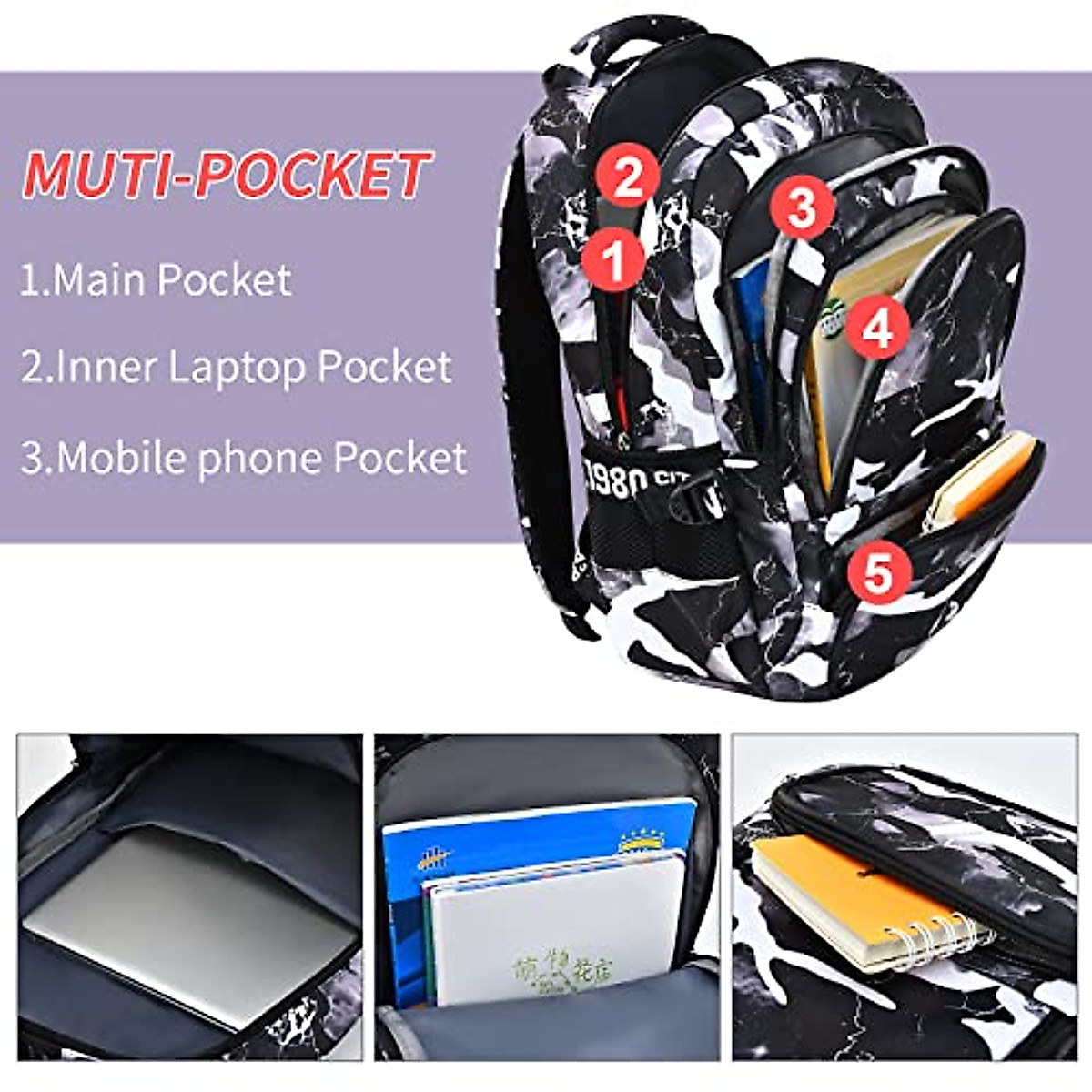 Yvechus Camo Backpack for Kids, Lightweight Camo Backpack Elementary Middle School Backpack Water Repellent Bookbag (Camo Black)