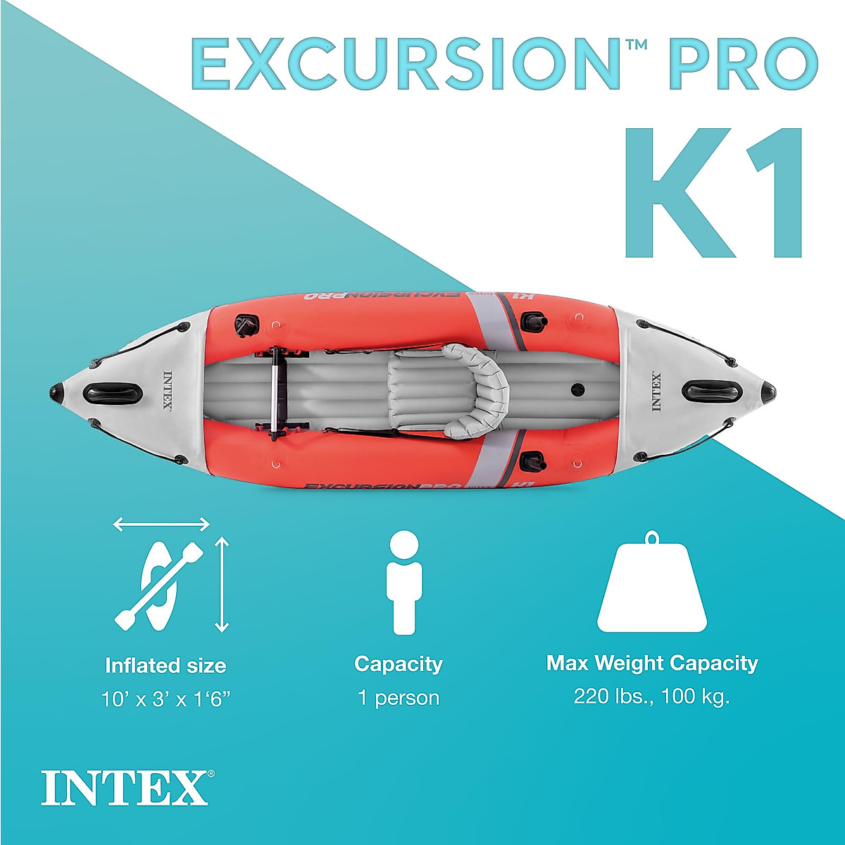 INTEX 68303EP Excursion Pro K1 Inflatable Kayak Set: Includes Deluxe 86in Kayak Paddles and High-Output Pump – SuperTough PVC – Adjustable Bucket Seat – 1-Person – 220lb Weight Capacity