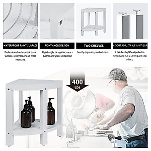 Corner Shower Bench with Storage Shelf,Waterproof Bamboo Corner Shower Stool for Shaving Legs,Easy Assemble Non-Slip Shower Chair for Bathroom,Stable & Sturdy Adjustable Feet Shower Seat(White)