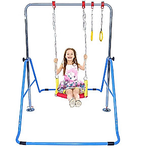 Kids Home Gymnastics Bar Jungle Gym 3 in 1 Set Deluxe Swing Seat, Trapeze Rings, Horizontal Kip Bar Height Adjustable Monkey Bar, Expandable Junior Training Gymnastic Balance Bar, Swing Set (Blue)