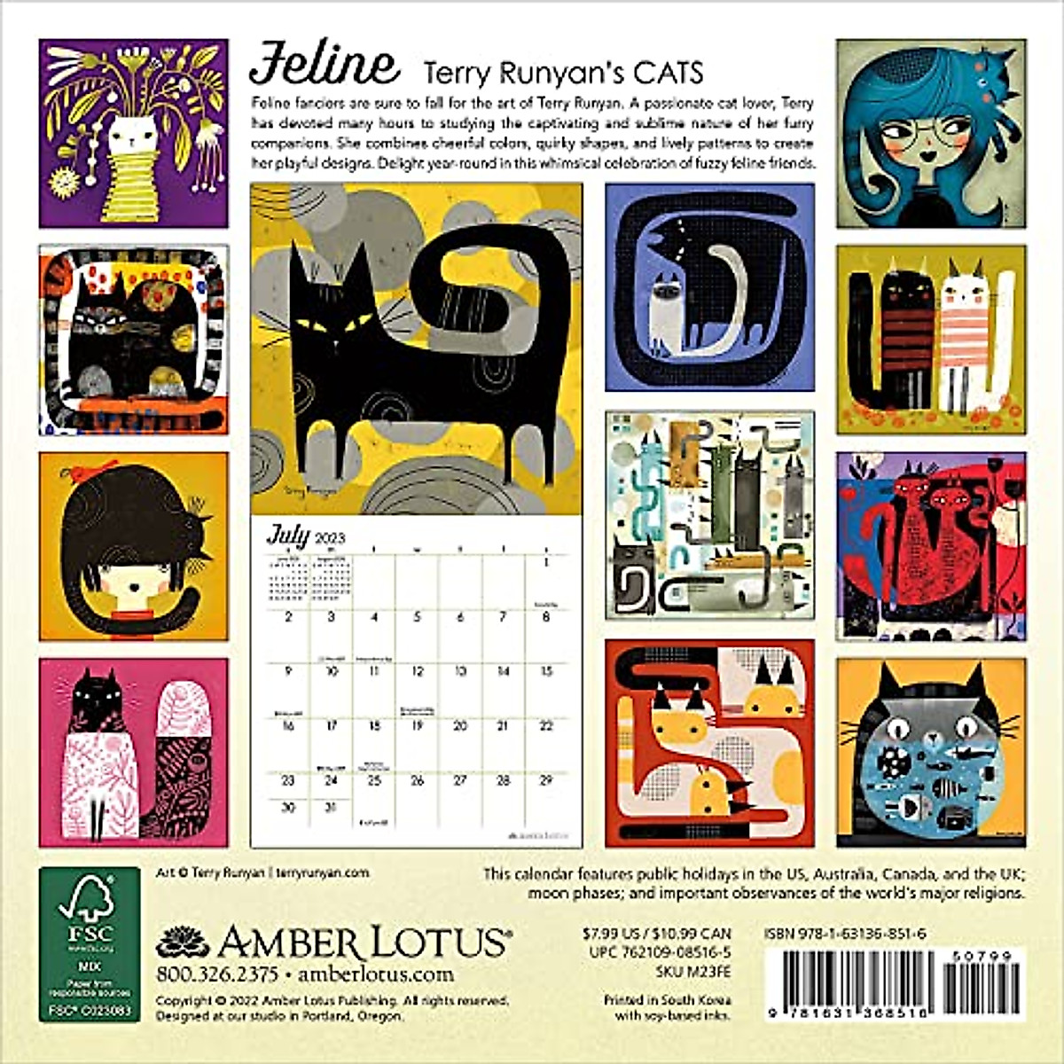 Feline 2023 Mini Wall Calendar: Terry Runyan's Cats | Compact 7" x 14" Open | Amber Lotus Publishing