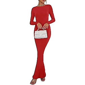 REORIA Womens Sexy V Backless Soft Lounge Long Dress Fall Wedding Guest Casual Going Out Boat Neck Long Sleeve Ribbed Bodycon Maxi Dresses Red Small