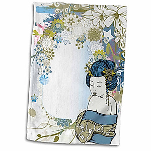3D Rose Modern Vector Art Muted Blues and Tans Flowers Asian Floral and Geisha Girl Woman Hand/Sports Towel, 15 x 22
