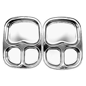 Korean Stainless Steel Divided Plates, Kids Toddlers Babies Tray, BPA Free, Diet Food Control, Camping Dishes, Compact Serving Platter, Dinner Snack, 3 Compartment Plate Silver, Set of 2