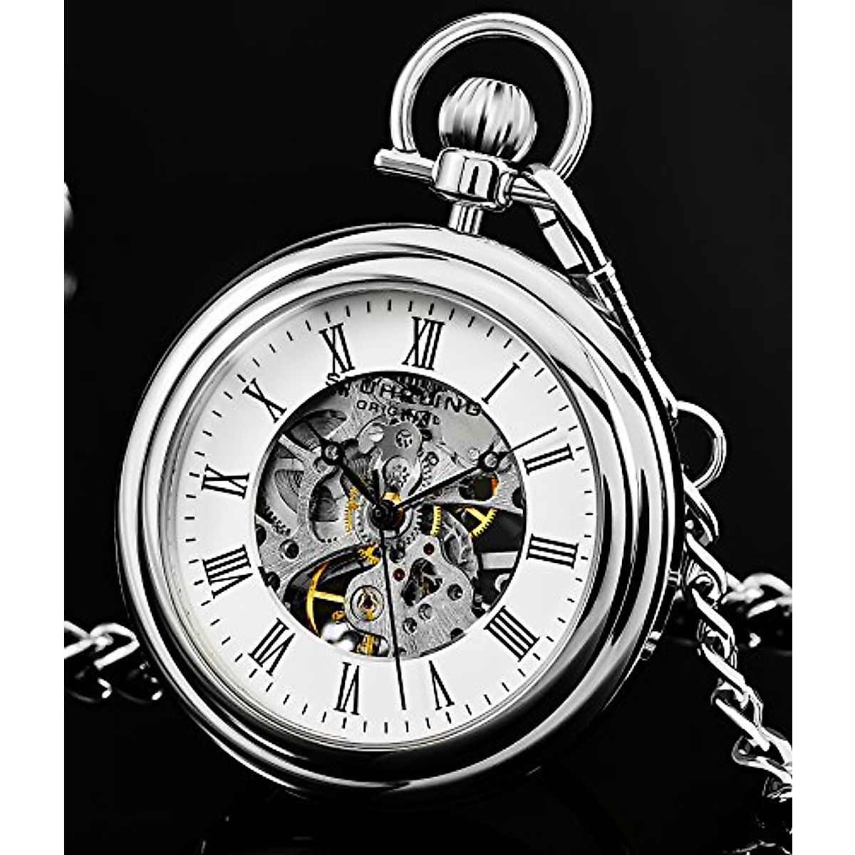 Stuhrling Original Men's Pocket Watch Stainless Steel Analog Skeleton Watch Hand Wind Mechanical Movement Stainless Steel Chain