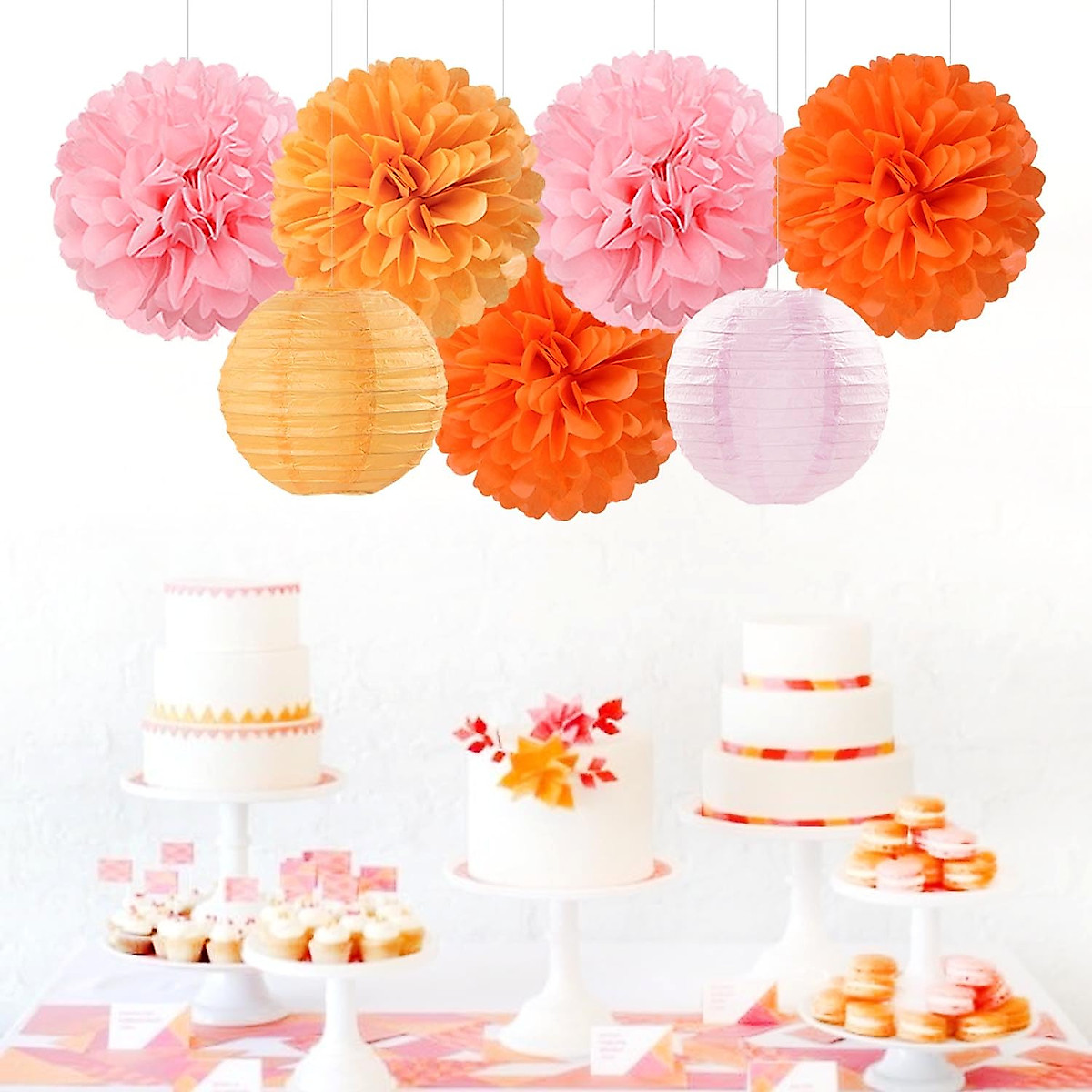 Pink-Orange Groovy Party-Decorations Paper-Flowers Lanterns - 15PCS Baby Shower Tissue Pom Poms Streamers, Fall Wedding Boho Birthday Bridal Bachelorette Sunset Hanging Supplies Decor Hugfond