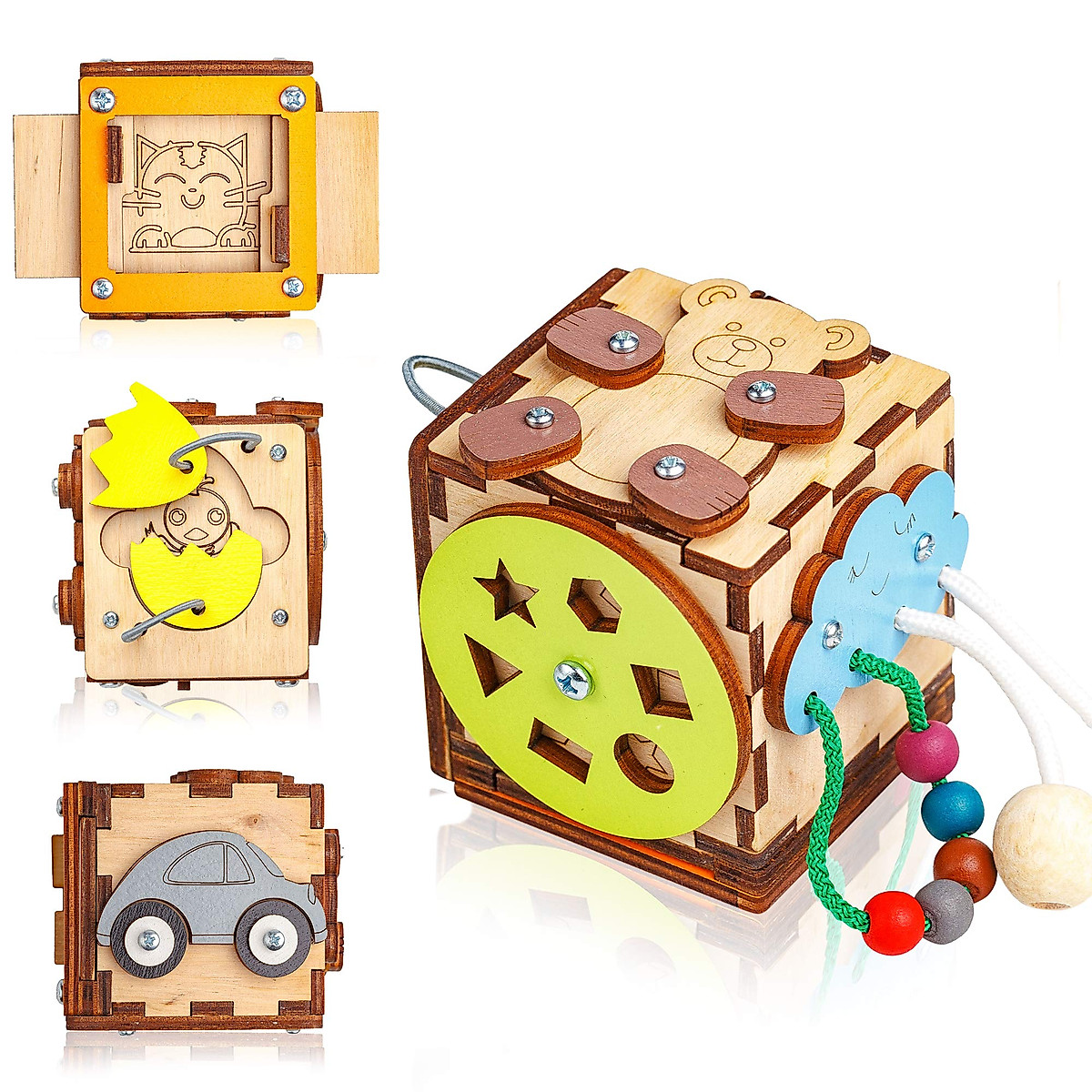 Wooden Activity Cube for Toddlers 1-3 Year 6in1 Car Lacing Beads Puzzles - 3.15 х 3.15 h - Sensory Busy Board – Travel Plane Handmade Fidget Toys – Baby Kids Montessori Activities