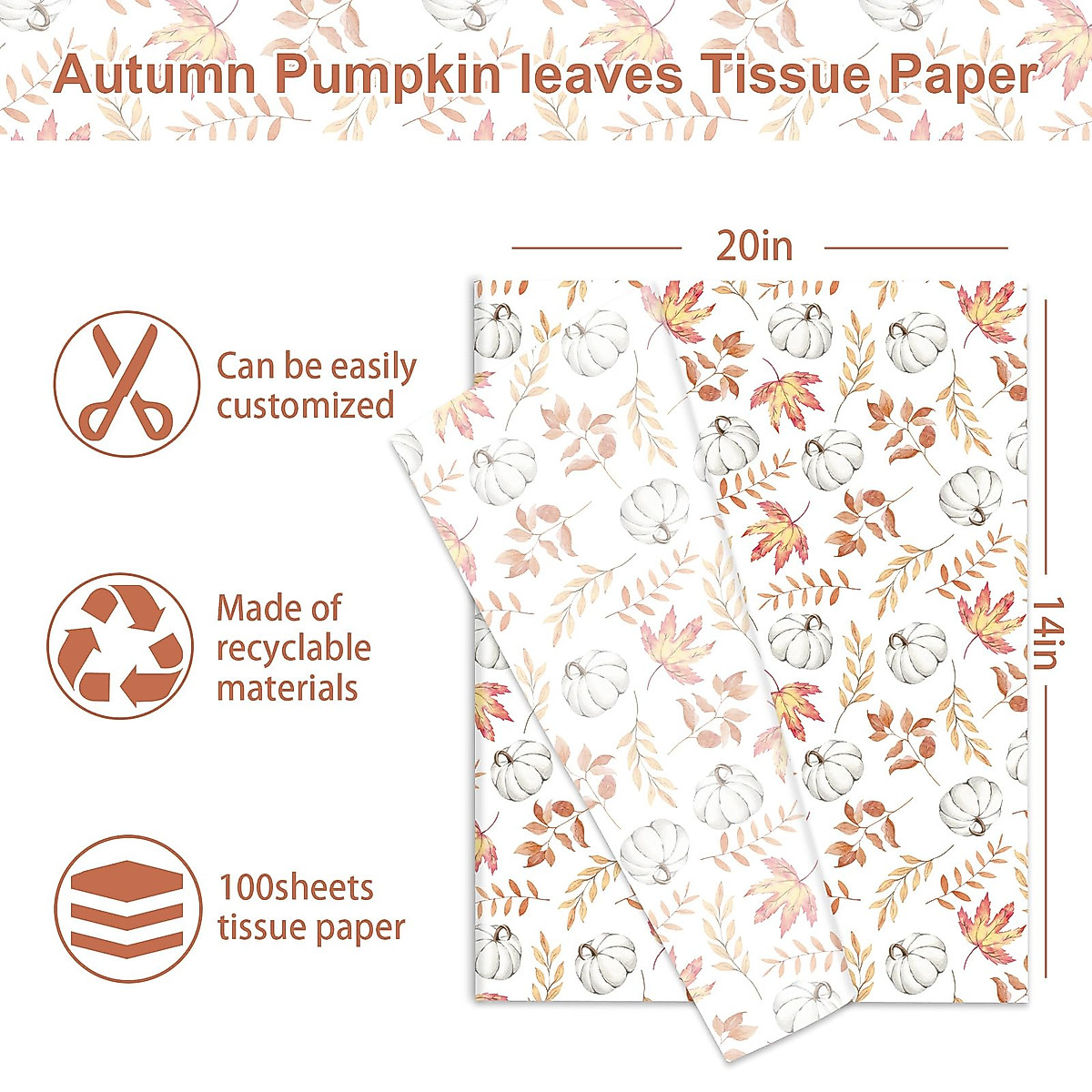 Generic AnyDesign 100 Sheets Fall Tissue Paper Pumpkin Leaves Art Tissue Autumn White Orange Wrapping Paper for Thanksgiving DIY Crafts Gift Packing, 19.7 x 13.8 Inch