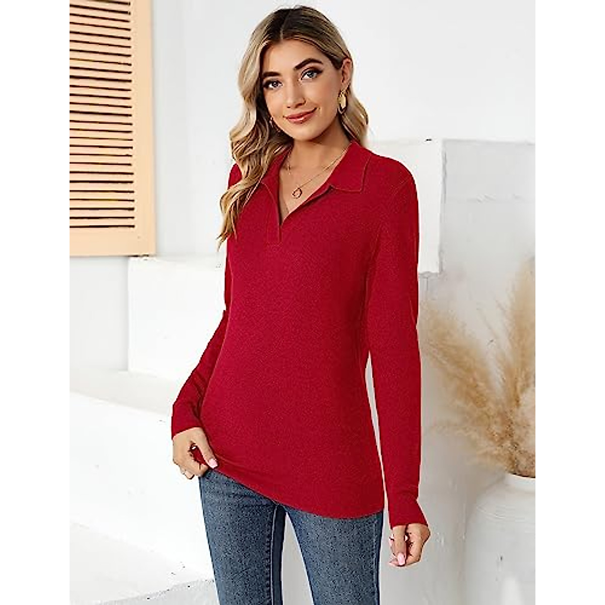 Romanstii Collared Sweaters for Women Knitted Long Sleeve V Neck Fitted Polo Shirts Trendy Winter Pullover Tops,Red,M