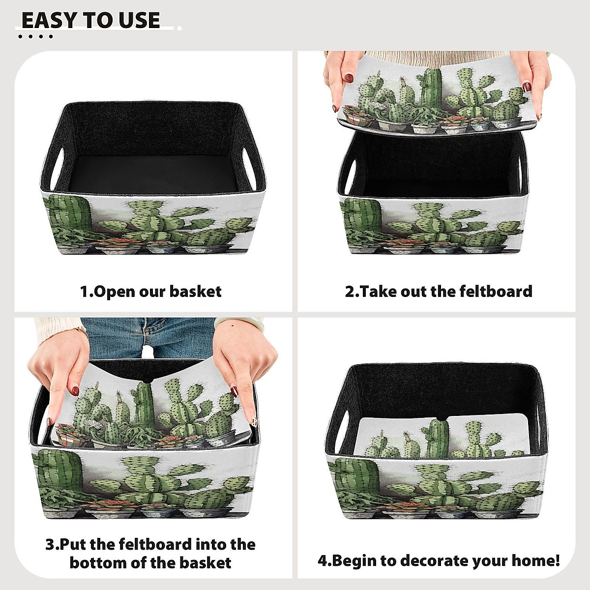 YETTASBIN Cactus Felt Storage Baskets with Handle, Collapsible Open Storage Bin Drawers Storage Box for Shelf Closet Office Bedroom Nursery Home, 2 Pack