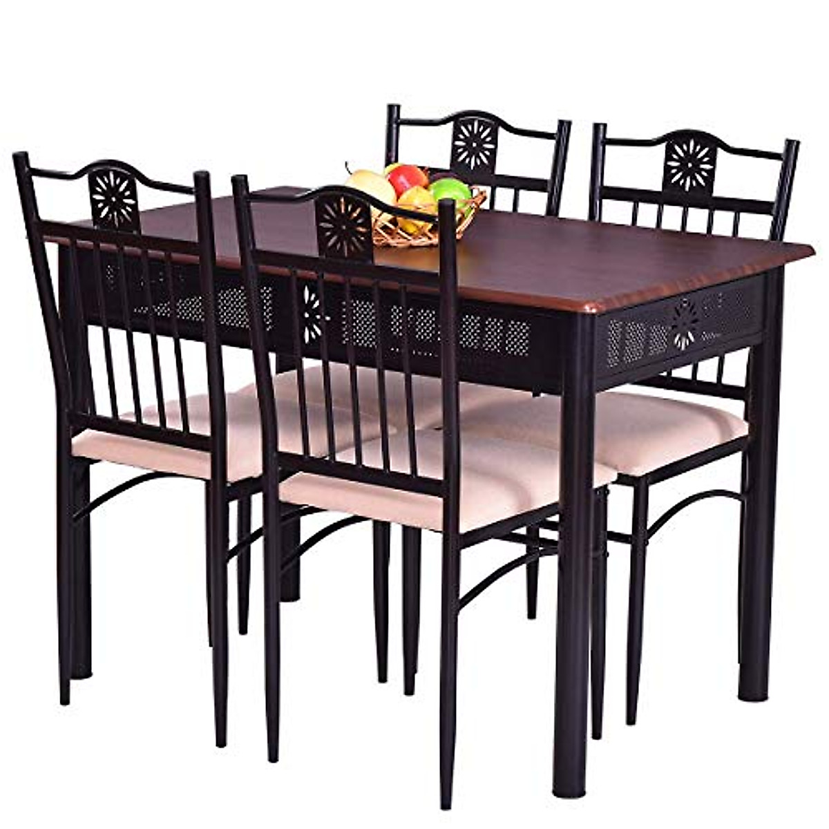 Casart 5 PCS Dining Table and Chairs Set Vintage Retro Wood Top Metal Frame Padded Seat Dining Table Set Home Kitchen Dining Room Furniture