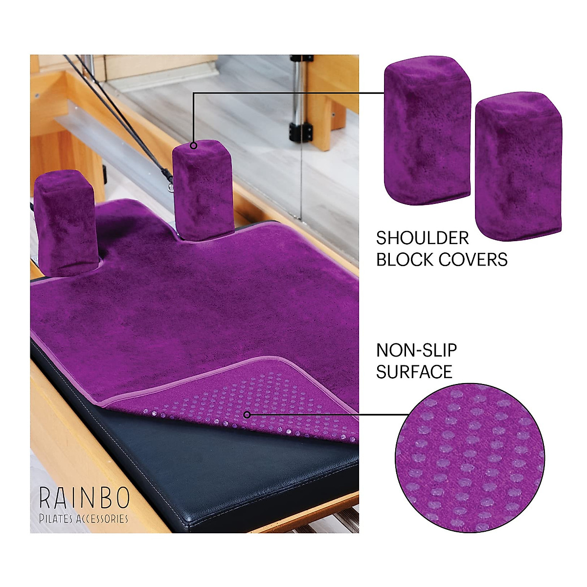RAINBO Pilates Reformer Non-Slip Mat Towel (Included 2 Pcs Shoulder Block Covers) (Purple), Multicolor