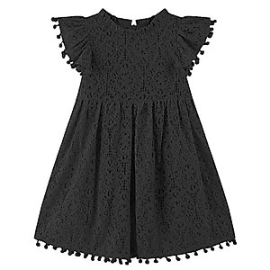 JNKLWPJS Toddler Girls Hollow Lace Pom Pom Flutter Sleeve Princess Party Dress Black 90CM