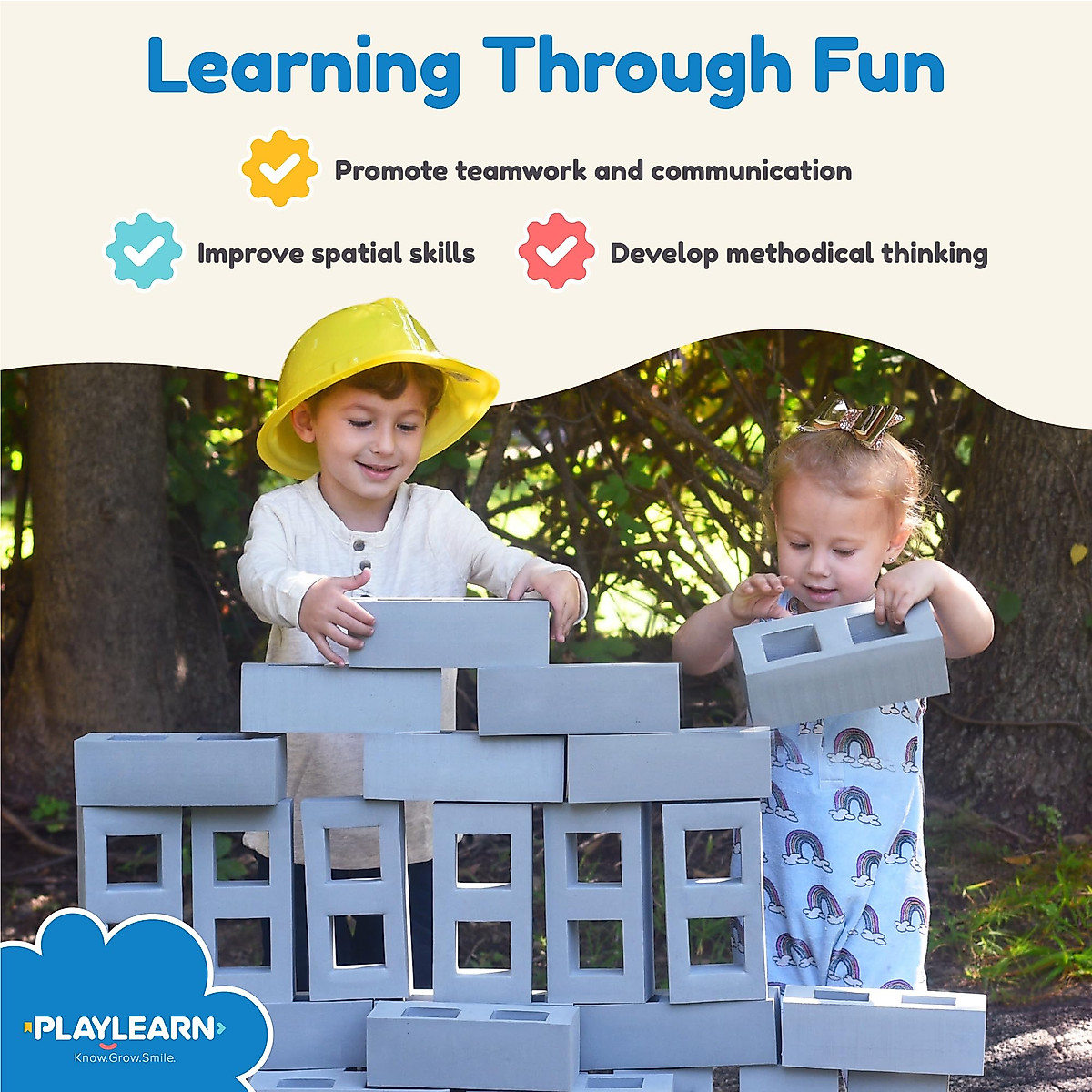 Playlearn 40pc Foam Cinder Blocks for Kids - Children’s Reflective Vest and Storage Bag Included - Actual Brick Size- Lightweight, Soft Building Blocks - Fake Brick Blocks