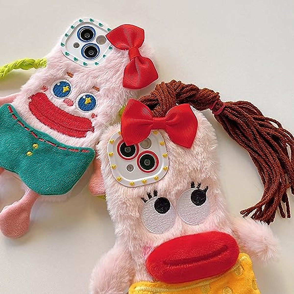 Tewwsdi DIY Braids Funny Phone Case Compatible with iPhone 15 Plus,Cute Doll Plush Furry Winter Fluffy Case,Shockproof Girls Women Kids Case for iPhone 15 Plus 6.7inch(Green Braids)