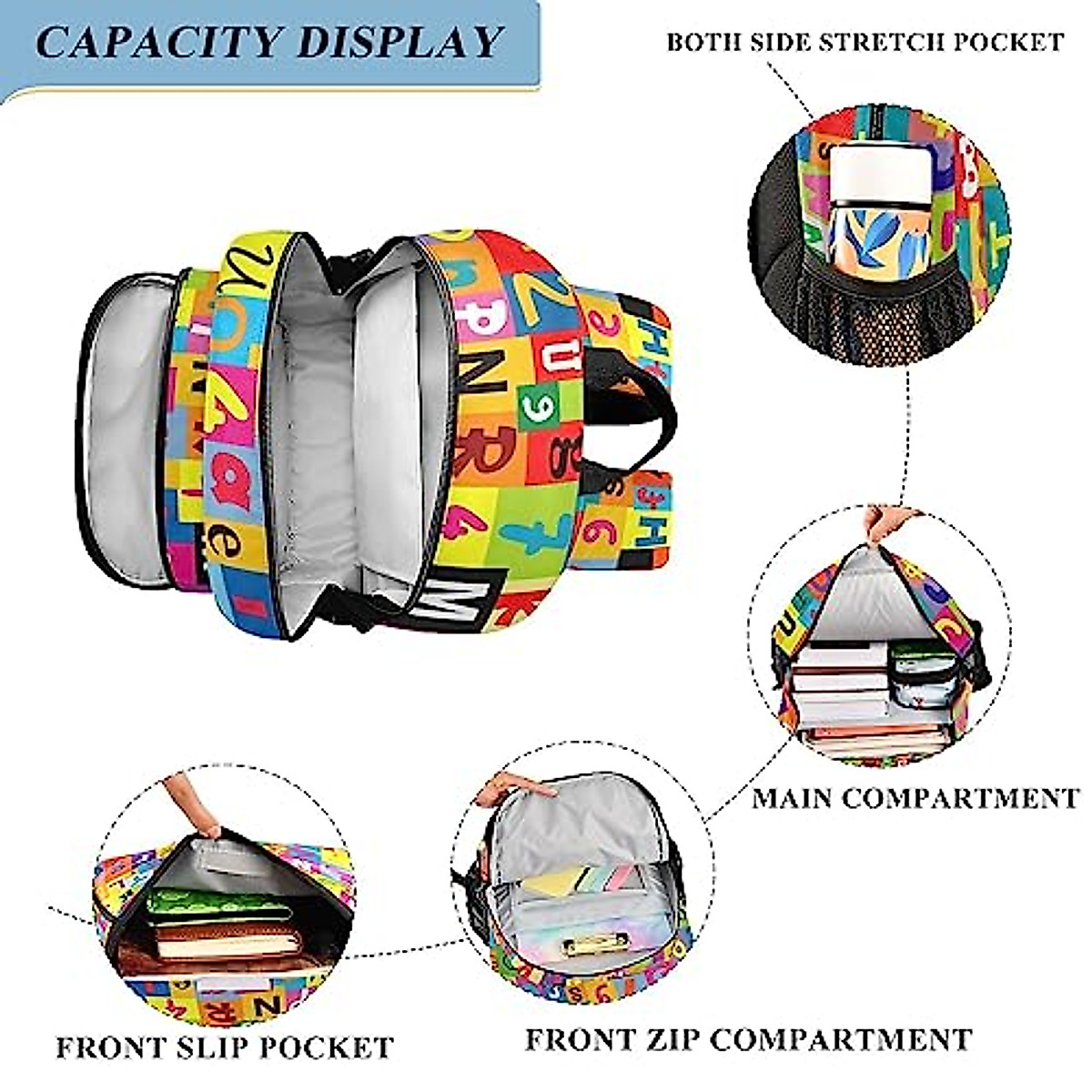 Glaphy Letters Alphabets Plaid Backpack School Bag Lightweight Laptop Backpack Students Travel Daypack with Reflective Stripes