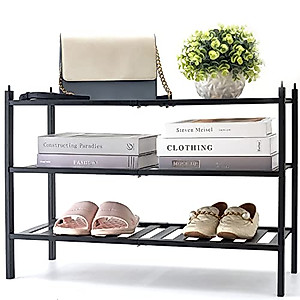 Lettimi Shoe Rack - 3 Tier, Premium Bamboo Shoe Organizer and Stackable Shoe Shelf Storage Organizer for Entryway, Shoe Cubby, Bathroom, Hallway, Closet or Living Room (3 Tiers, Black)