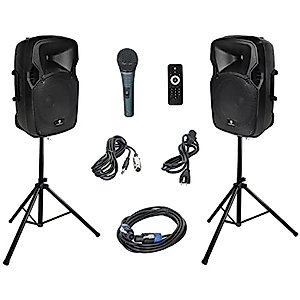 PRORECK Party 12 12-Inch 1000 Watts 2-Way Powered PA Speaker System Combo Set with Bluetooth/USB Drive Read Function/SD Card Reader/FM Radio/Remote Control/Speaker Stand