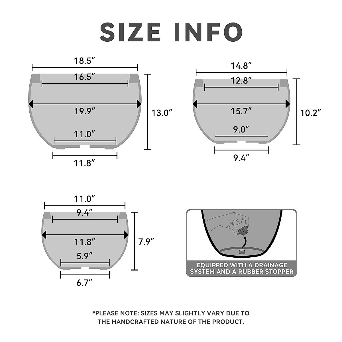 Kante 19.9",15.7",11.8" Dia Round Concrete Planter Set of 3, Outdoor/Indoor Large Bowl Plant Pots with Drainage Hole and Rubber Plug for Garden Patio Balcony Home, Charcoal