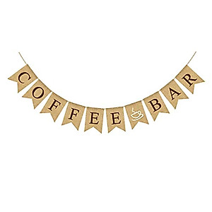 Amosfun Rustic Burlap Coffee Bar Banner Swallowtail Dovetail Linen Bunting Garland for Birthday Wedding Anniversary Farmhouse Wall Table Decor