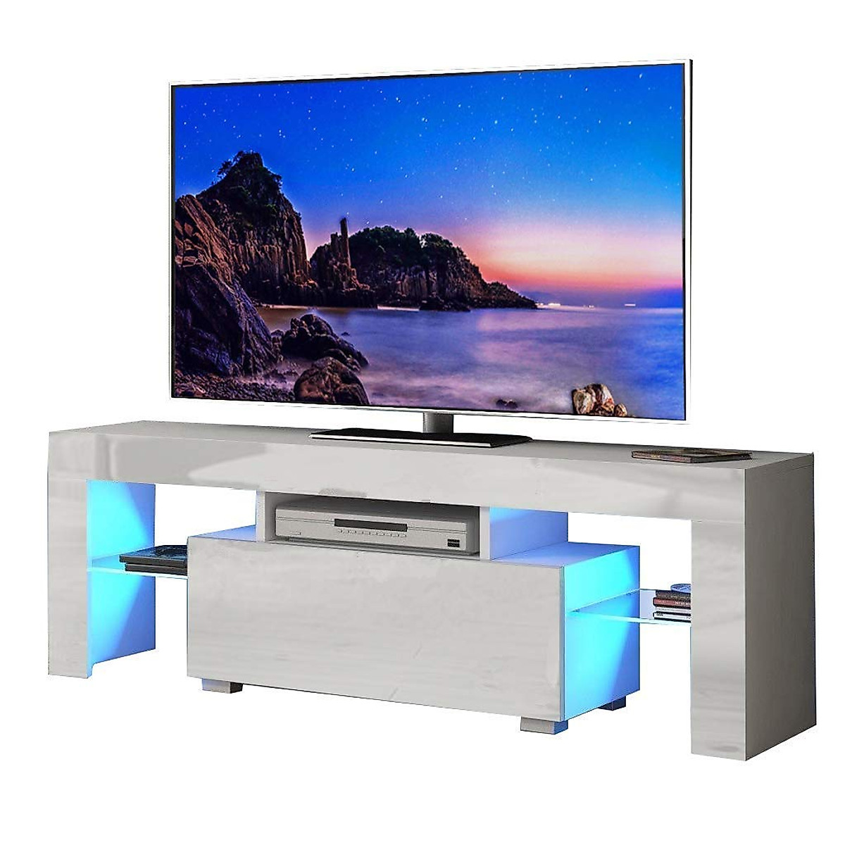 MTFY Modern TV Stand with LED Light, Entertainment TV Stand Cabinet with Single Drawer, Television Table Center Furniture for Living Room Bedroom, for 52'' TV, White